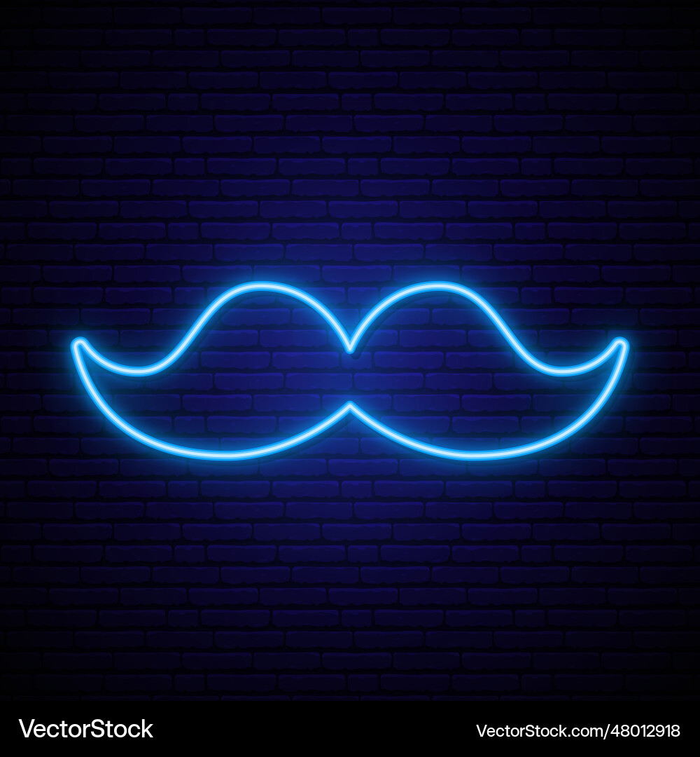 Neon blue mustache icon on dark brick wall Vector Image