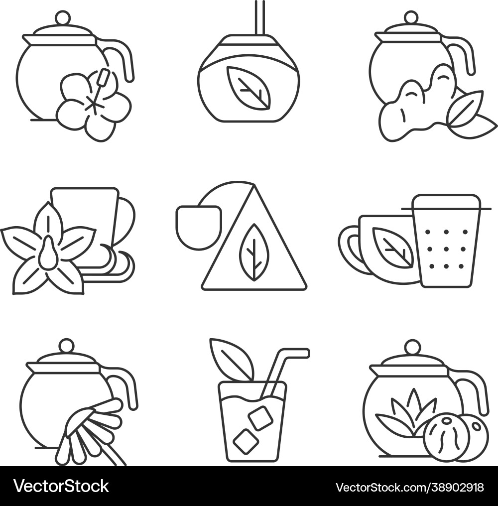 Tea and tea-like beverages linear icons set Vector Image