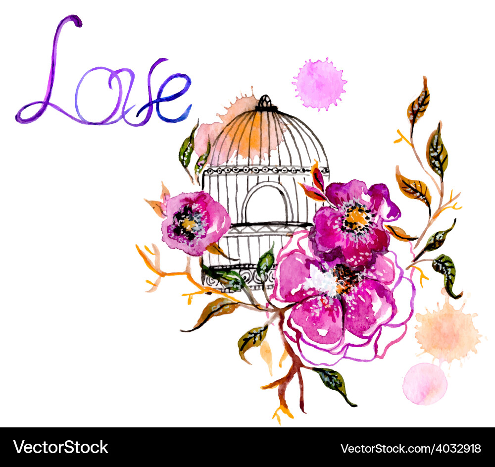 Watercolor flowers with cage Royalty Free Vector Image
