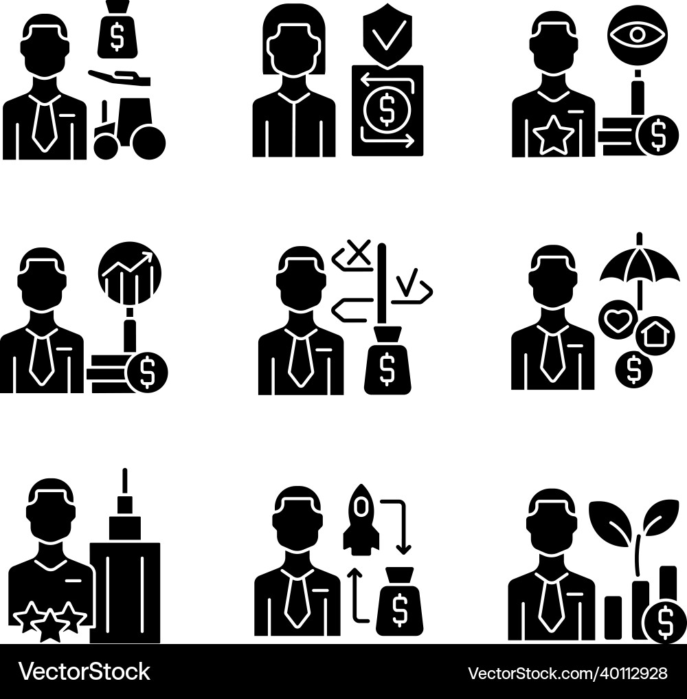Finance jobs black glyph icons set on white space Vector Image