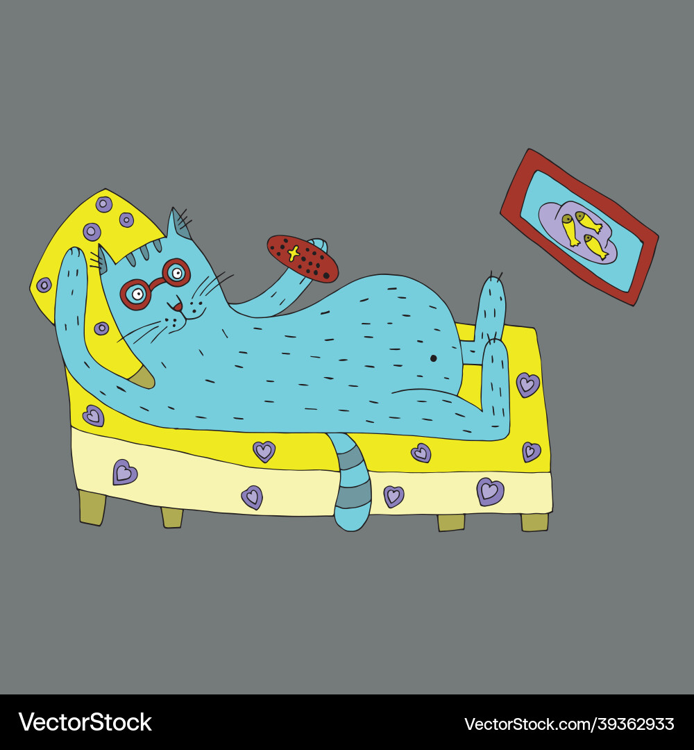 A funny cat watches tv holds remote control Vector Image