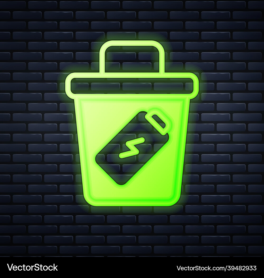 Glowing neon trash can icon isolated on brick wall