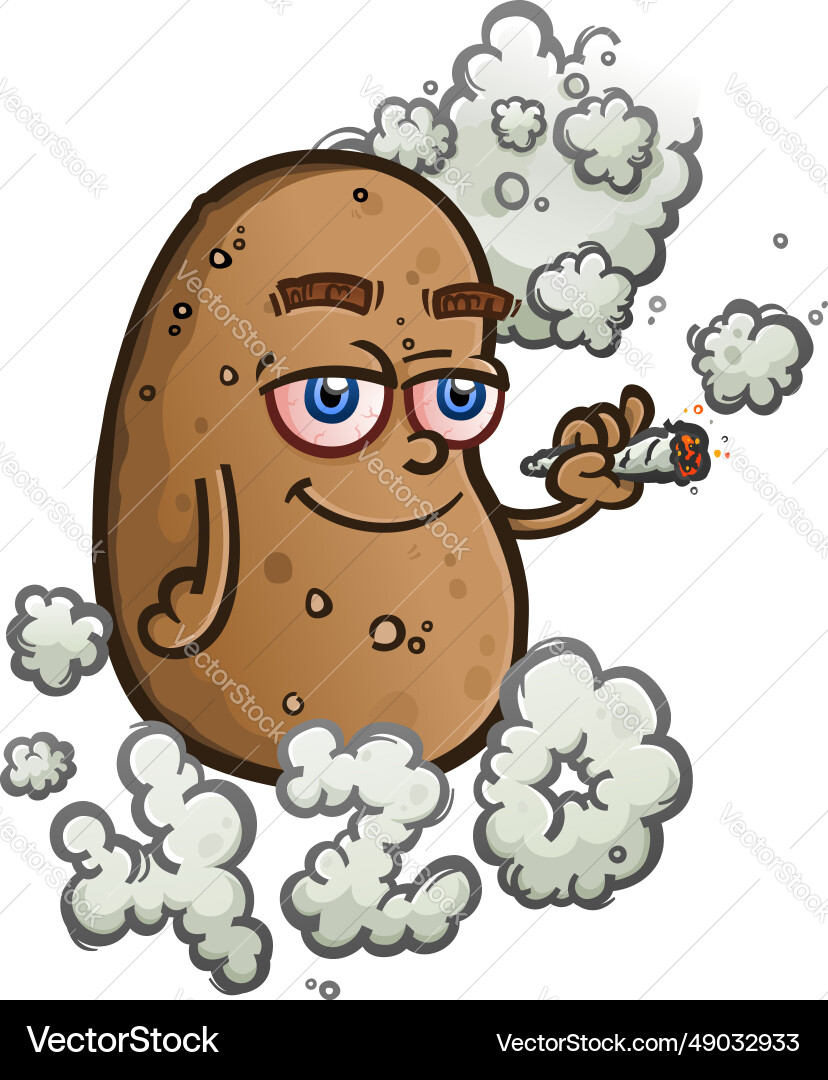 Potato cartoon character getting high on marijuana