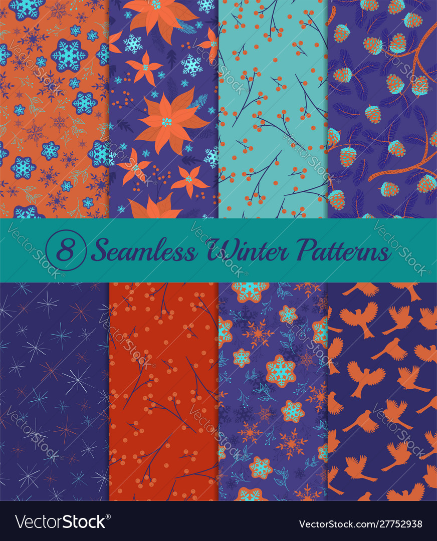 Collection 8 seamless winter patterns Royalty Free Vector