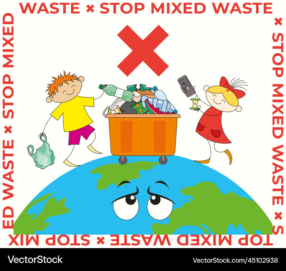Stop mixed waste banner with dumpster and kids Vector Image