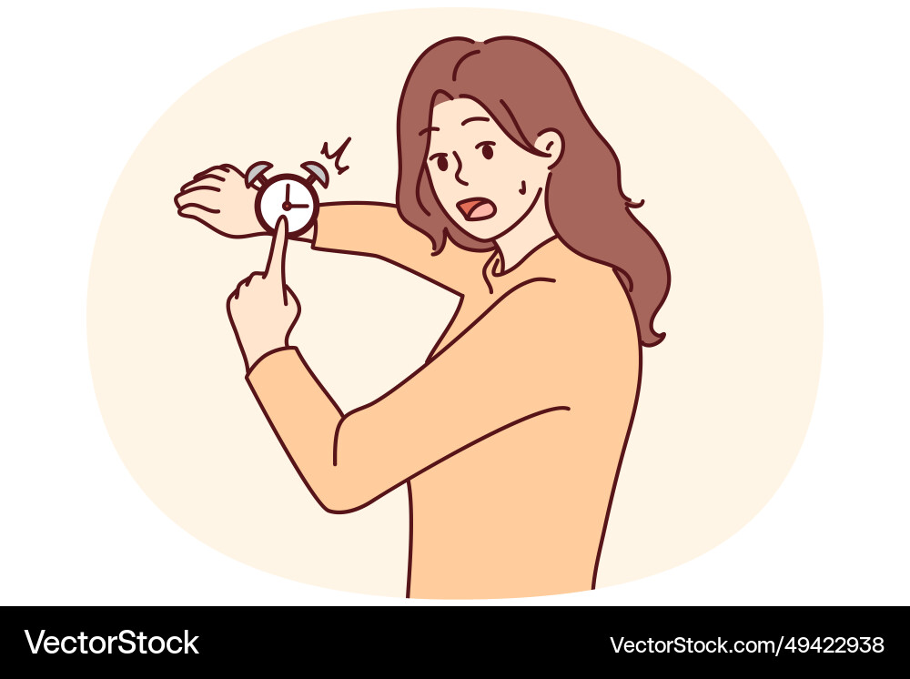 Stressed woman point at clock frustrated Vector Image