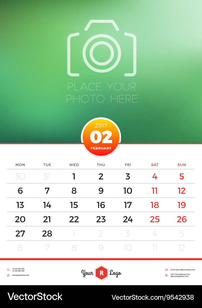Wall calendar template for 2017 year february Vector Image