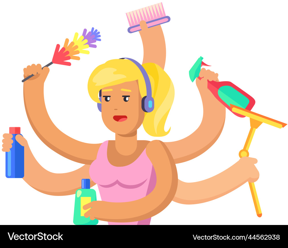 Woman with many hands coping multitasking Vector Image