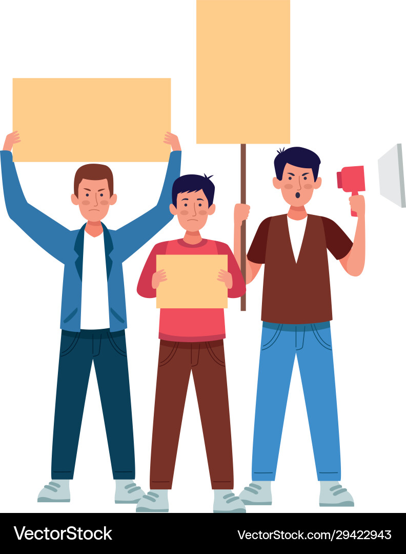 Cartoon men standing protestating with blank signs