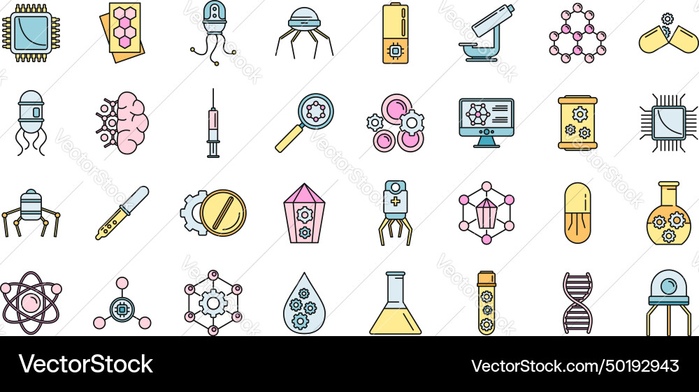 Nanotechnology science icons set color line Vector Image