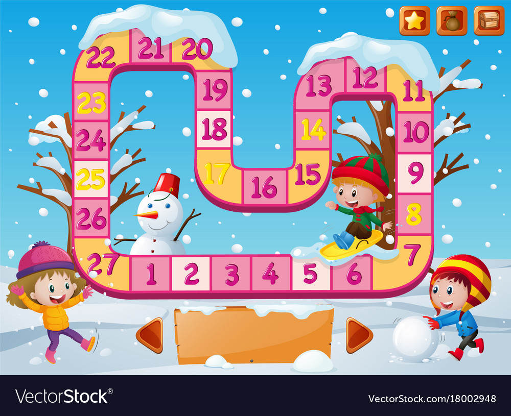 Boardgame template with kids playing in snow Vector Image