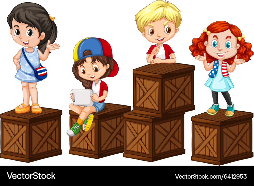 Children on the wooden boxes Royalty Free Vector Image