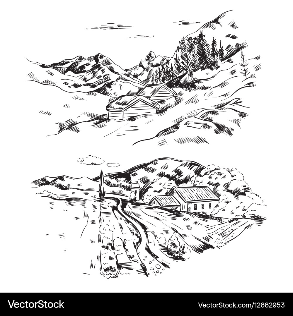 Hand drawn farm landscape Royalty Free Vector Image