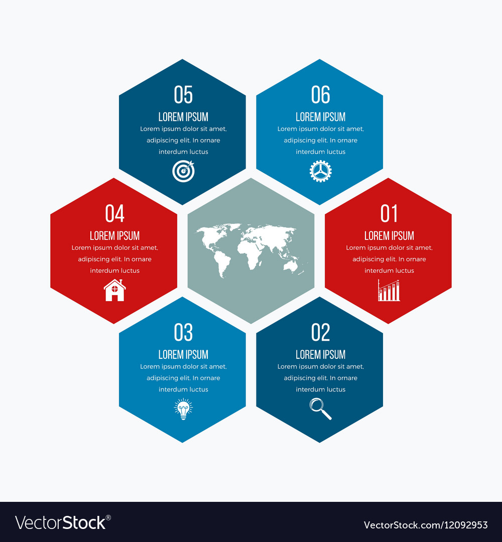 Infographics six hexagons Royalty Free Vector Image Infographics six hexagons Royalty Free Vector Image