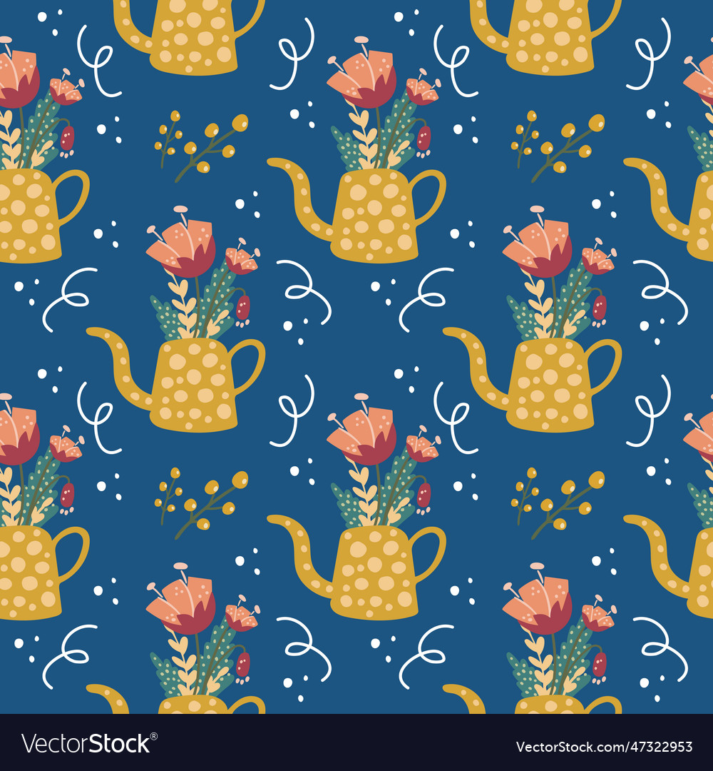 Seamless pattern with watering can and flowers Vector Image