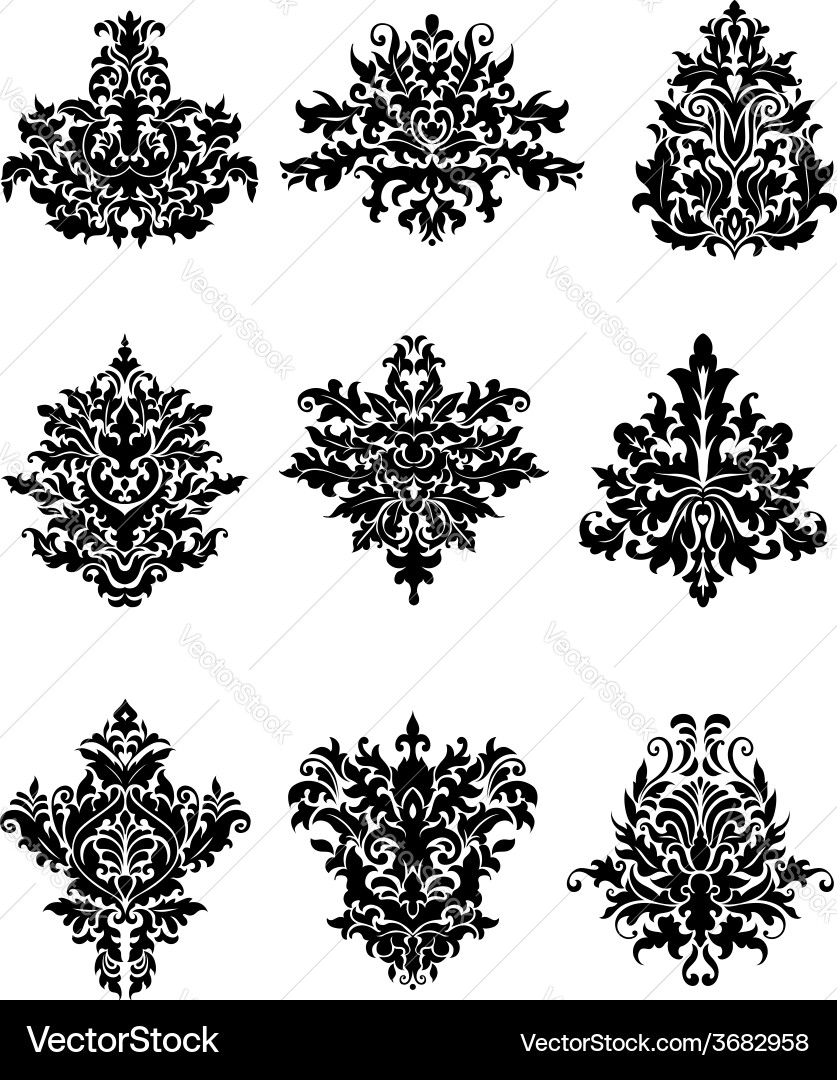 Black flowers in retro damask style Royalty Free Vector