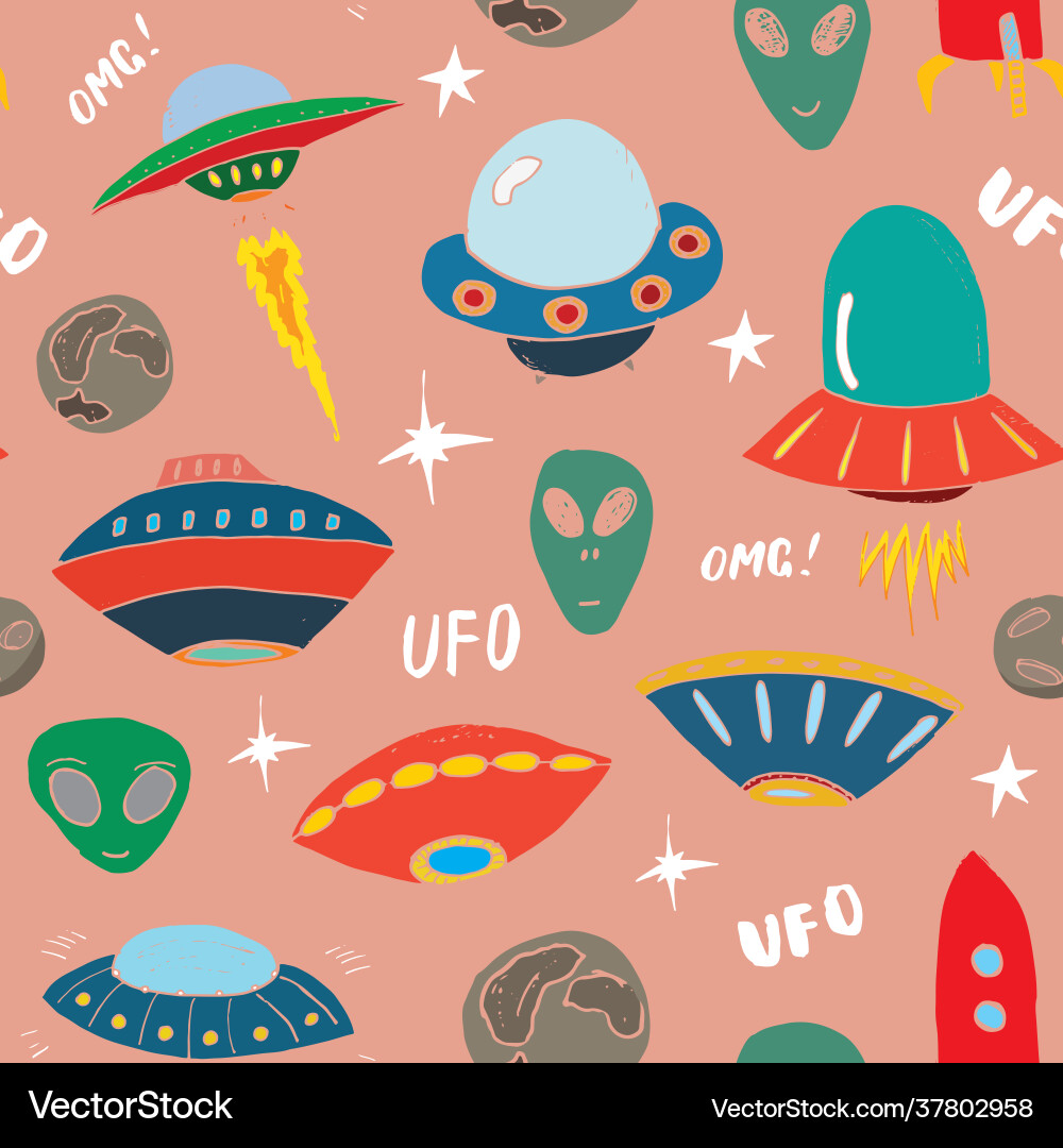 Ufo and aliens seamless pattern cute doodles Vector Image