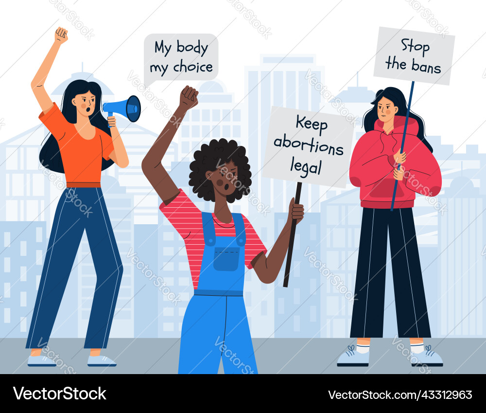 A group of young protesting girls protecting Vector Image