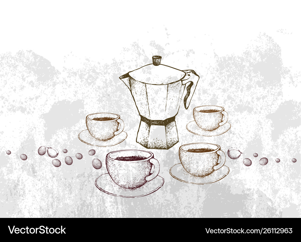 Hand drawn moka pot with coffee beans Royalty Free Vector