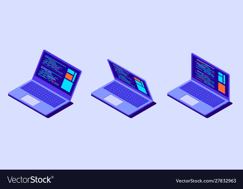 Isometric laptop with program code on screen Vector Image