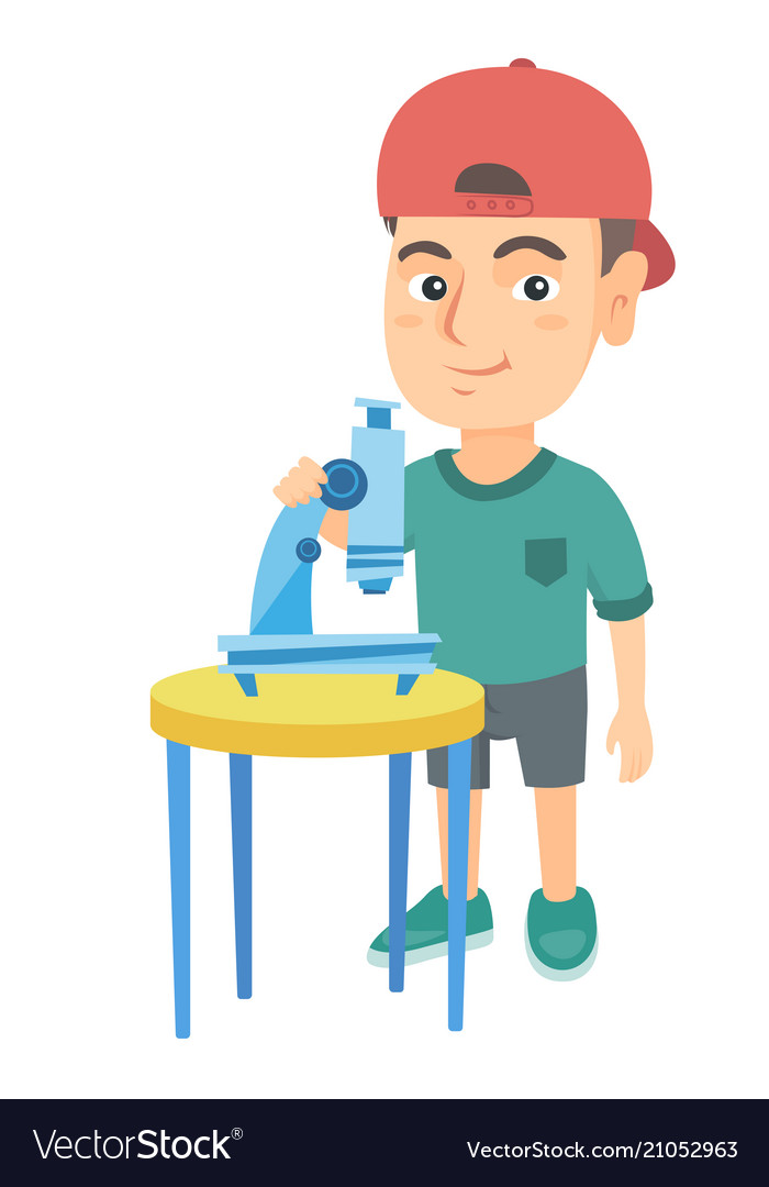 Little caucasian schoolboy using a microscope Vector Image