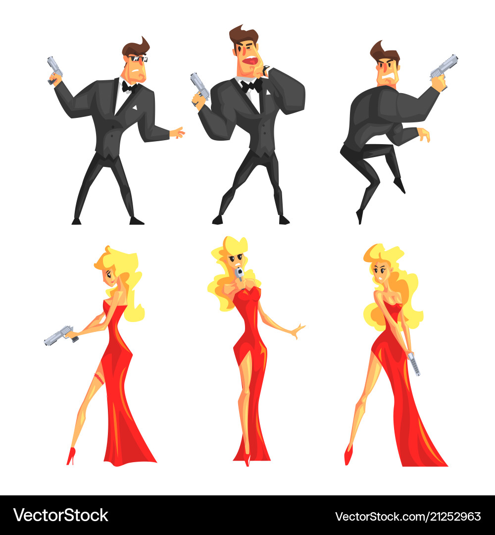 Secret agents in different poses handsome man and Vector Image