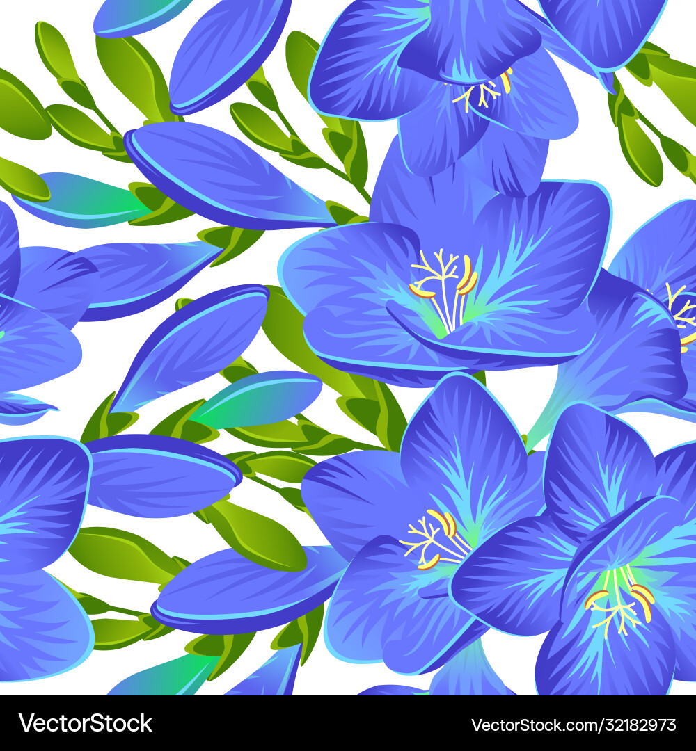 Seamless background with blooming blue freesia Vector Image