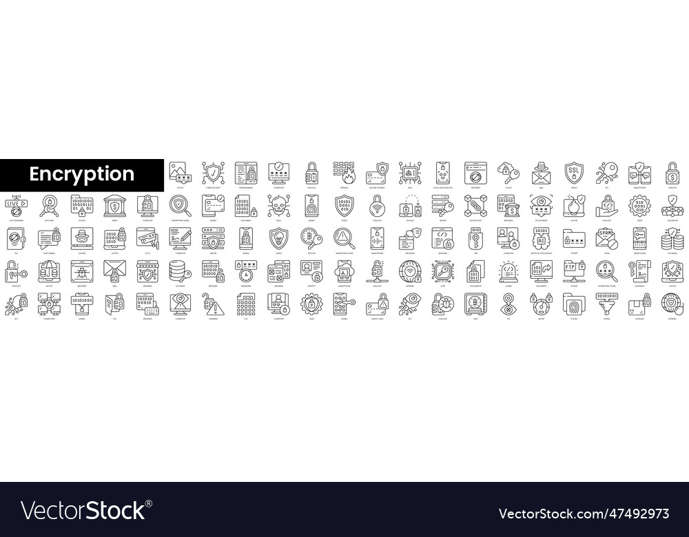 Set of outline encryption icons minimalist thin Vector Image