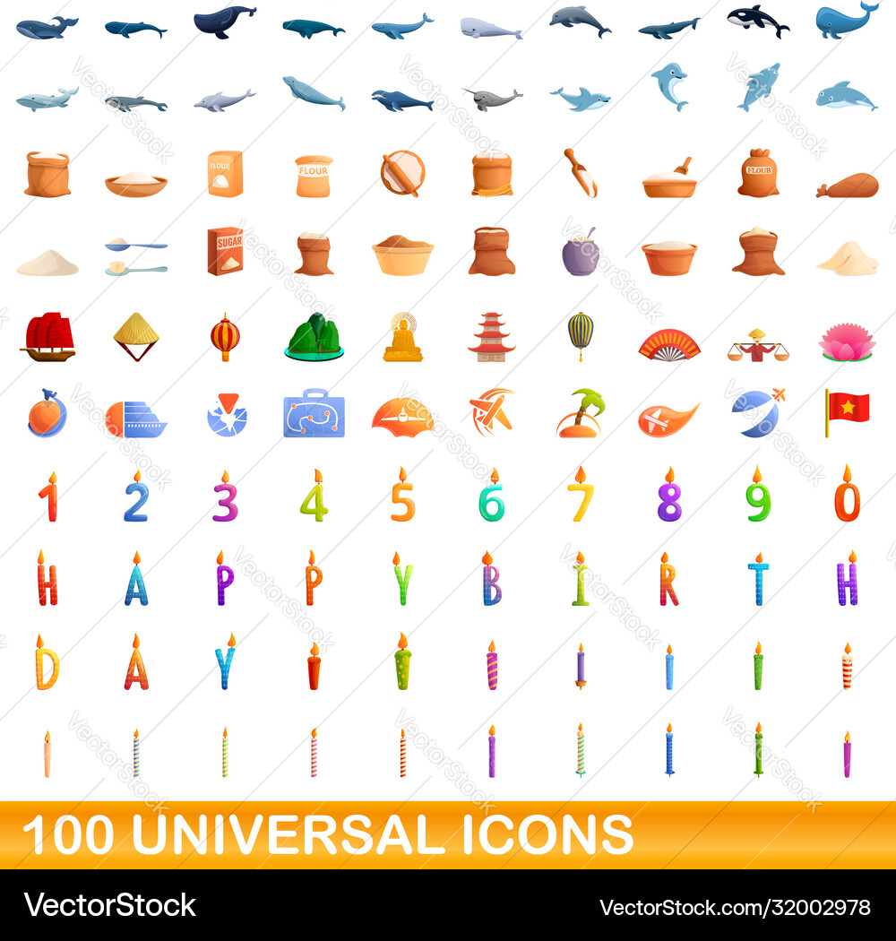 100 universal icons set cartoon style Royalty Free Vector