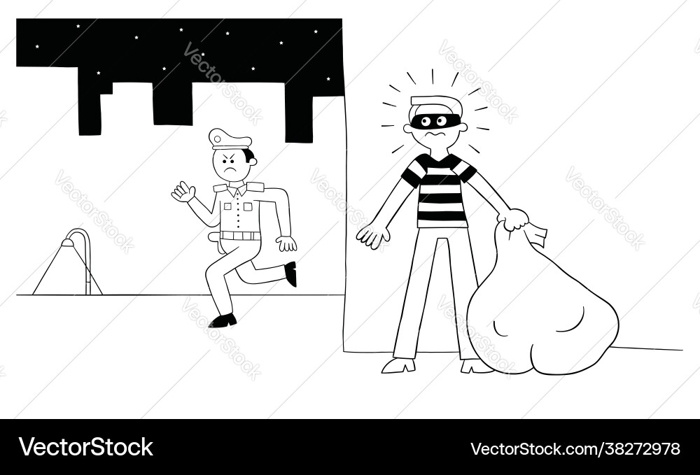 Cartoon thief man is hiding behind wall Royalty Free Vector