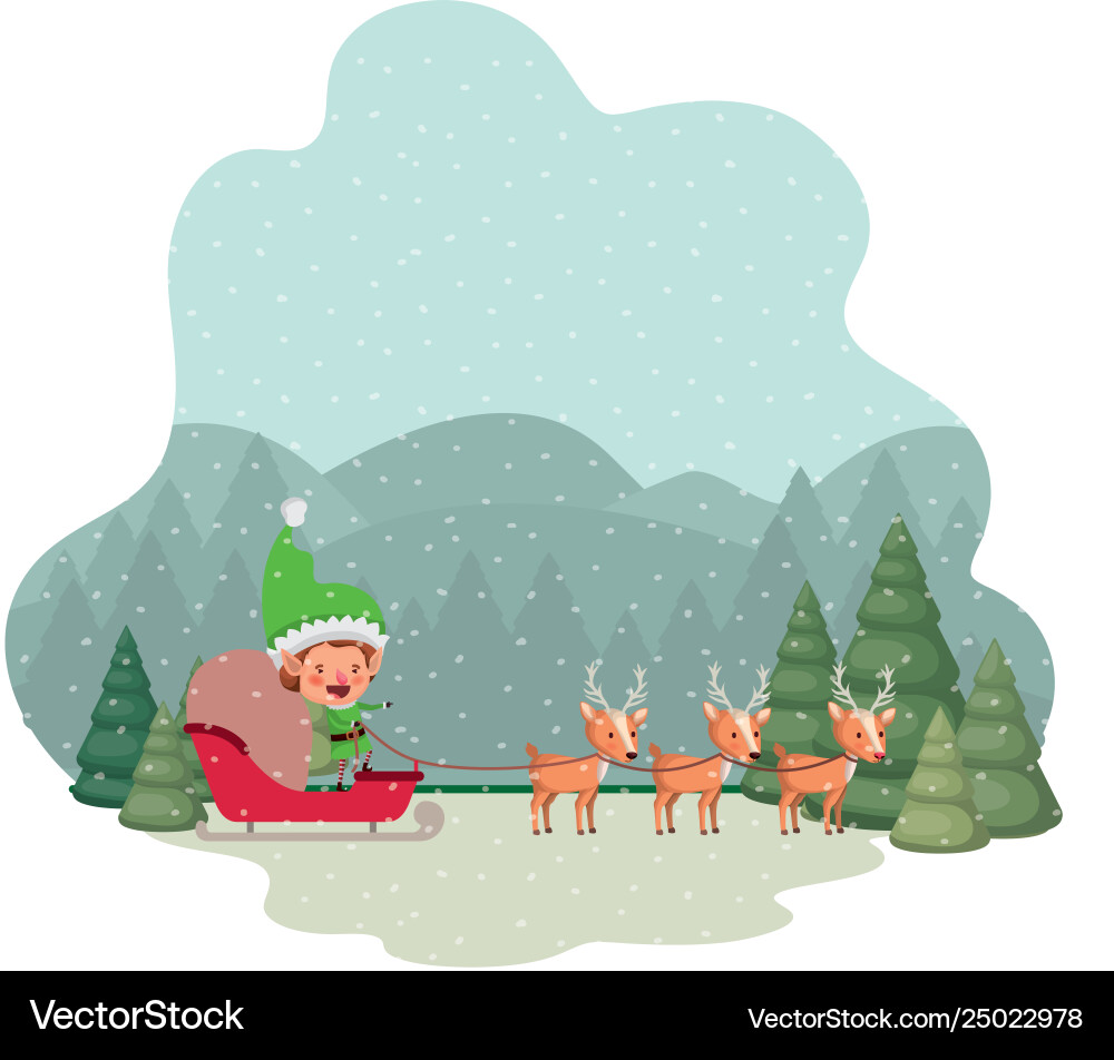 Elf with sleigh and christmas trees falling Vector Image