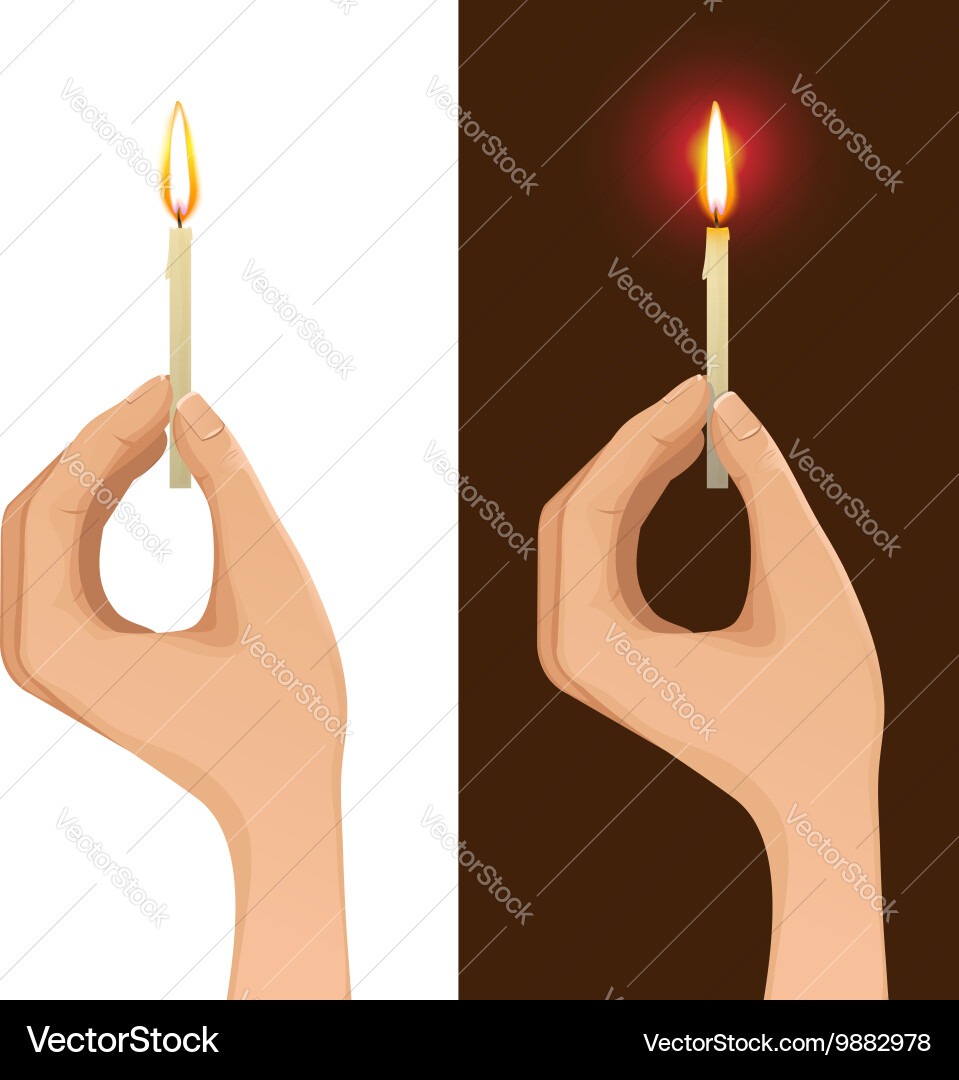 Two images with hand holding lighted candle Vector Image