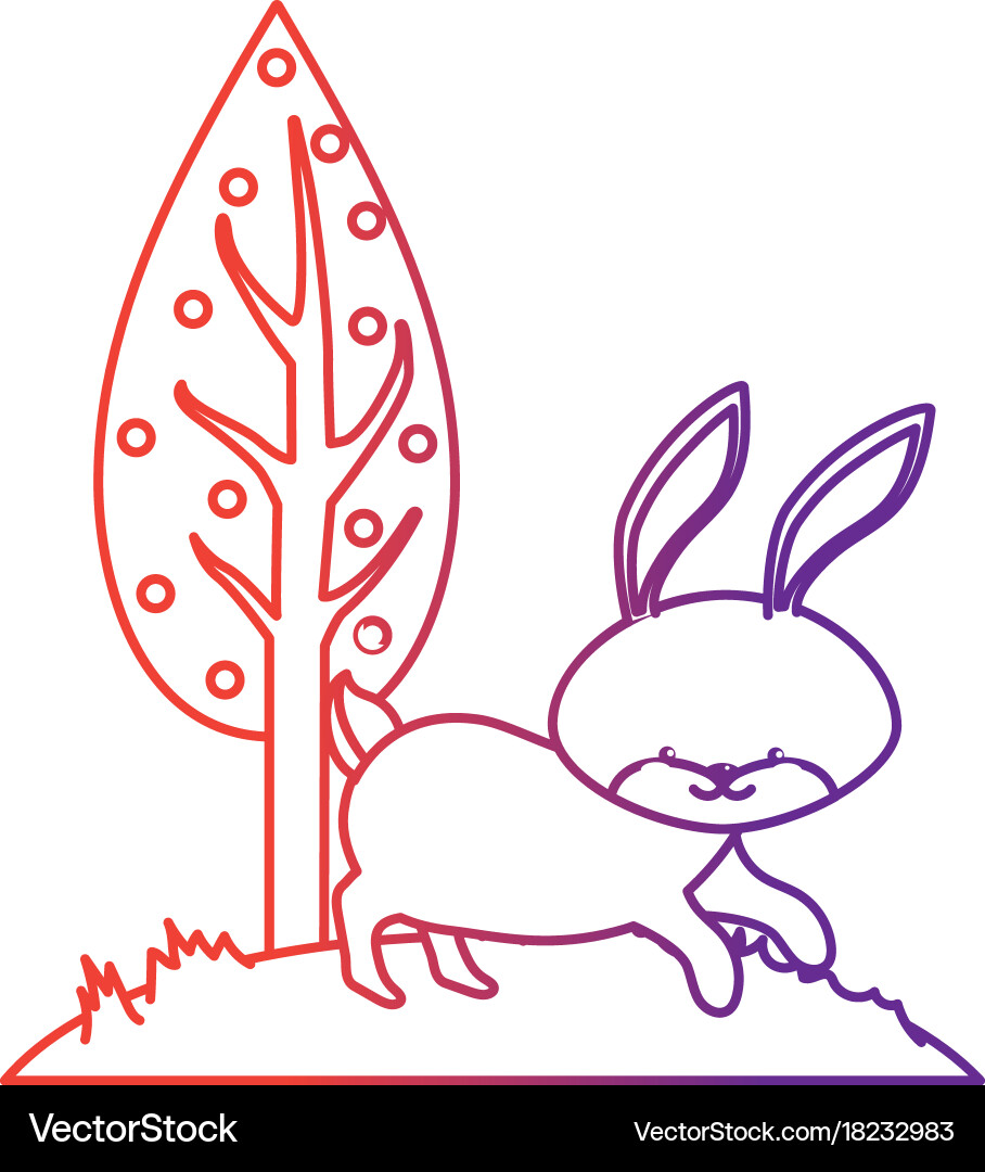 Line cute rabbit wild animal next to tree Vector Image