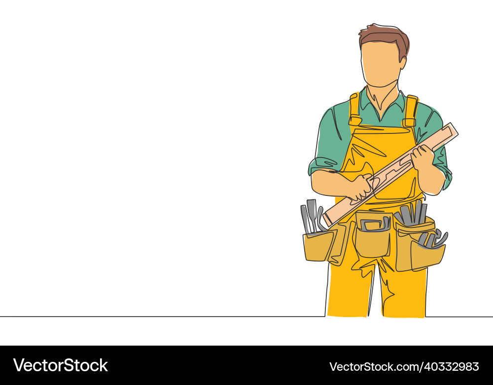 Single continuous line drawing of young handyman Vector Image