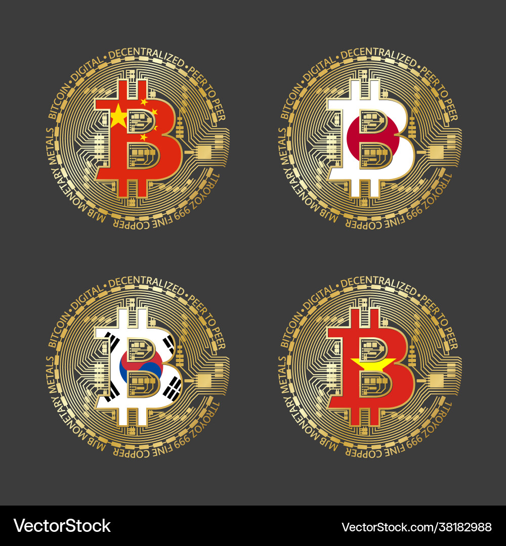 Four golden bitcoin icons with flags Royalty Free Vector