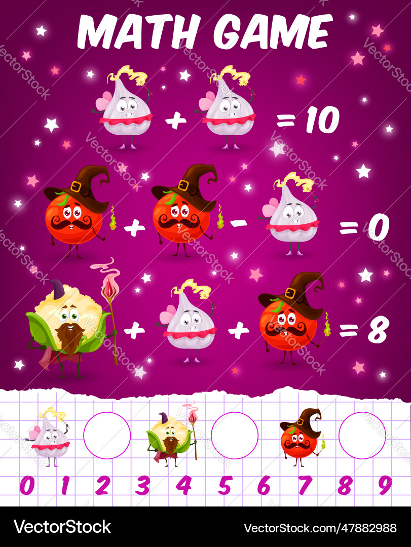 Math game worksheet tomato garlic and cauliflower Vector Image