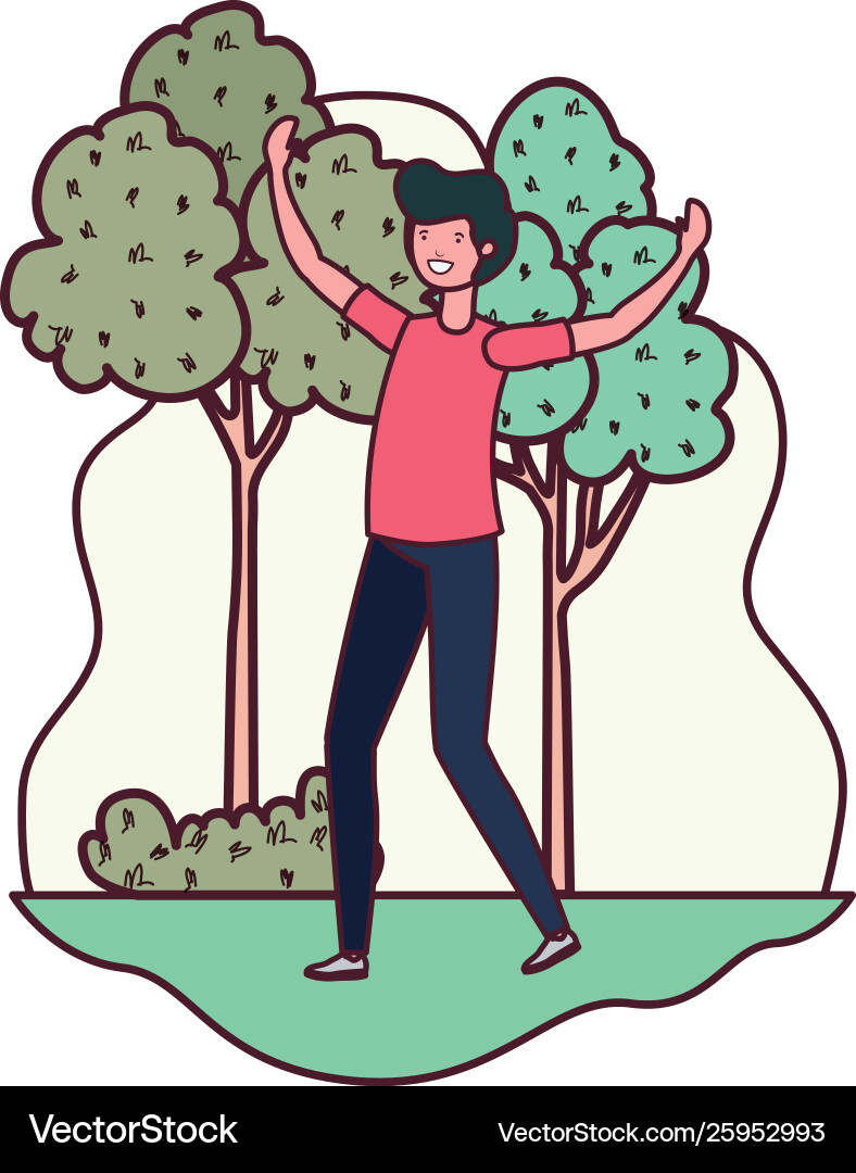 Man dancing in landscape with trees and plants Vector Image