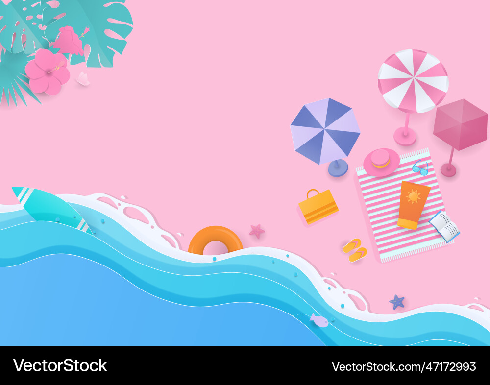 Sea wave with beach umbrella on pink background Vector Image