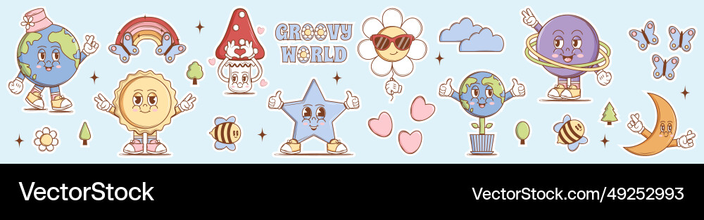 Set of vintage groovy characters and elements Vector Image