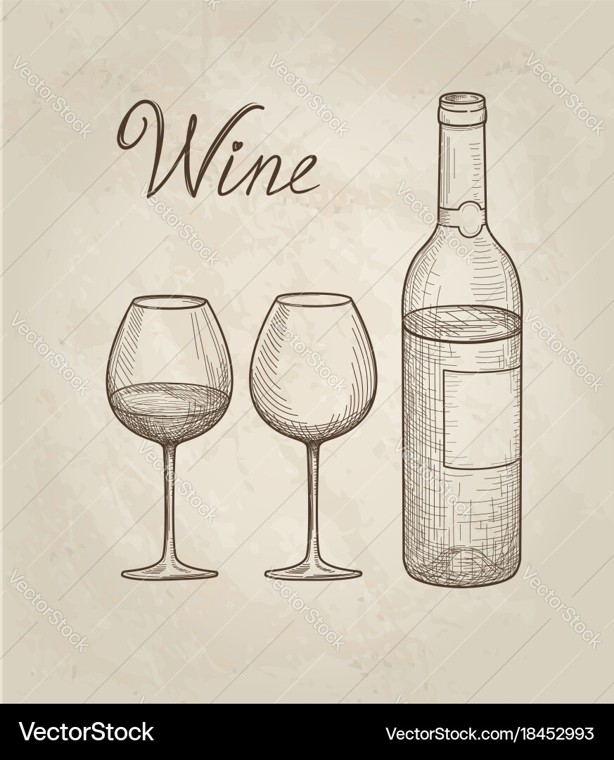 Wine set glass bottle lettering vineyard Vector Image
