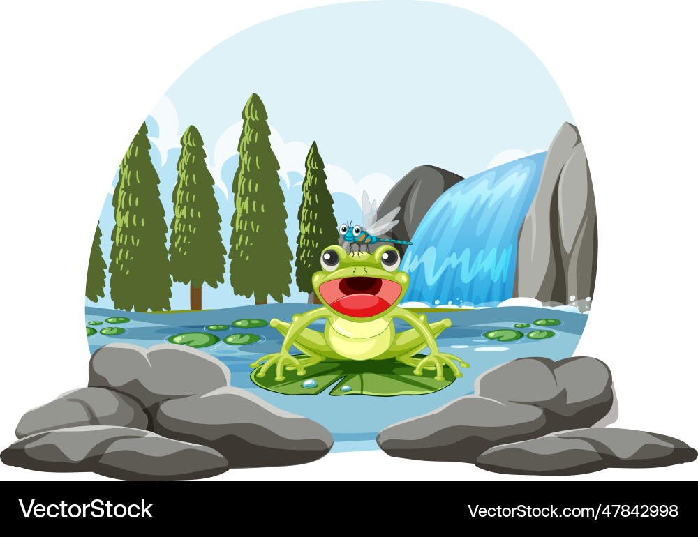 Frog at waterfall in cartoon style Royalty Free Vector Image
