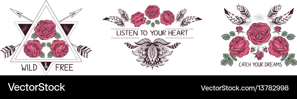 Set of hand drawn boho style design with rose Vector Image