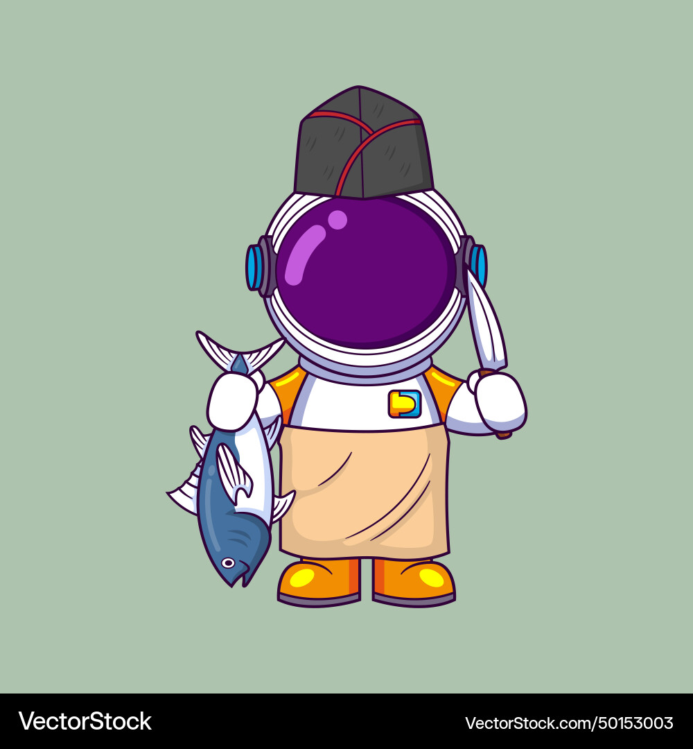 Astronaut holding knife and cook fish Royalty Free Vector