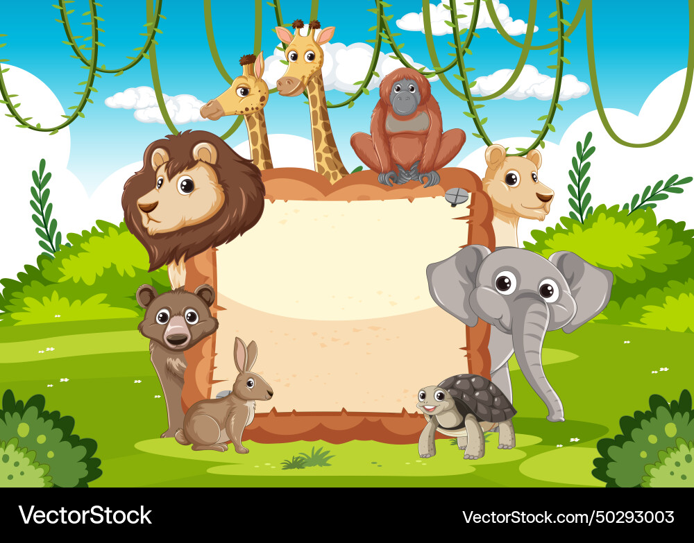 Cartoon animals assembled around a blank sign Vector Image
