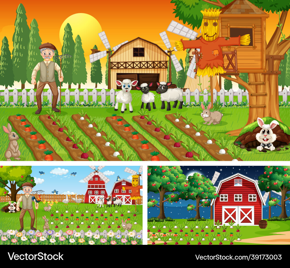 Different farm scenes with old farmer and animal Vector Image