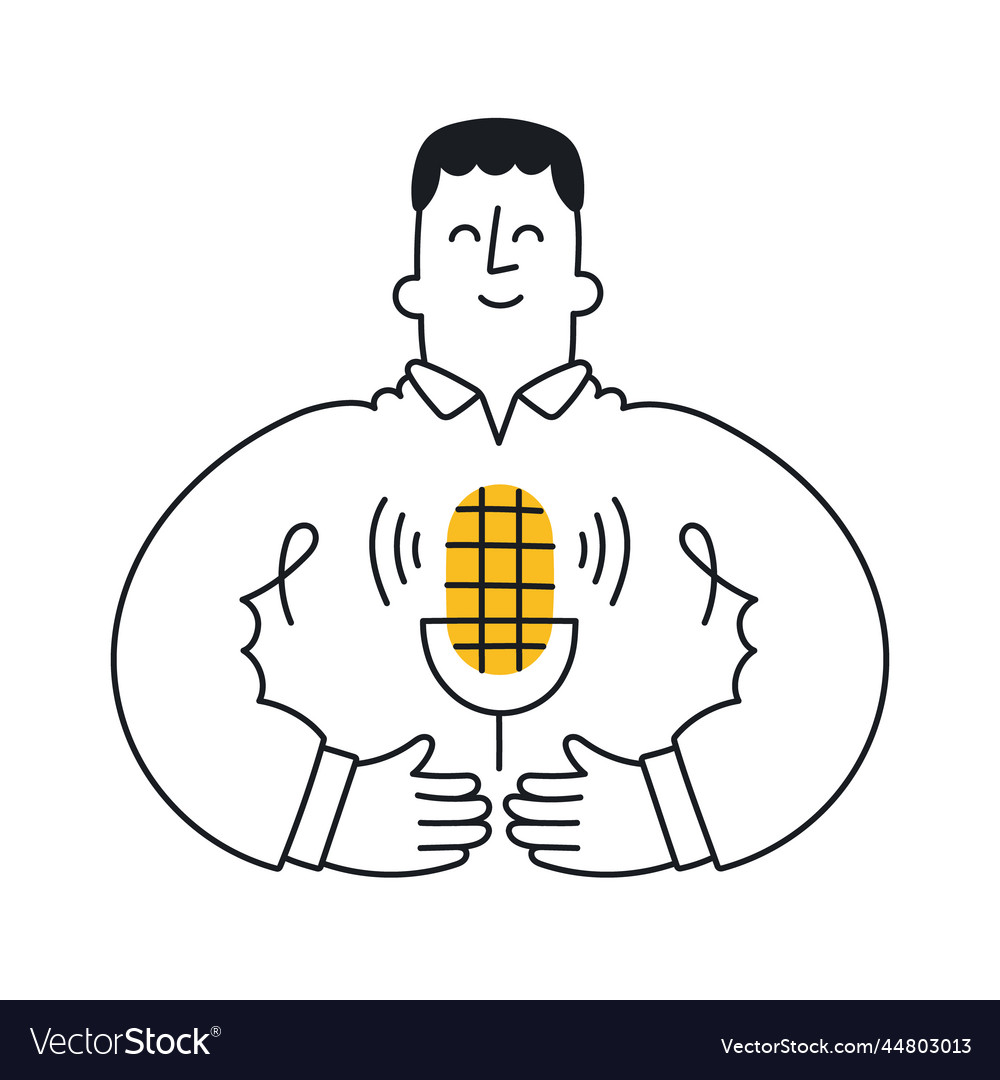 Podcast Guy Happy Man Talking To Microphone Vector Image