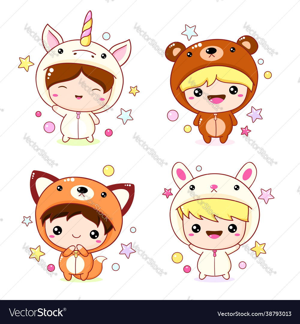 Set kawaii boy and girl in animal costumes Vector Image