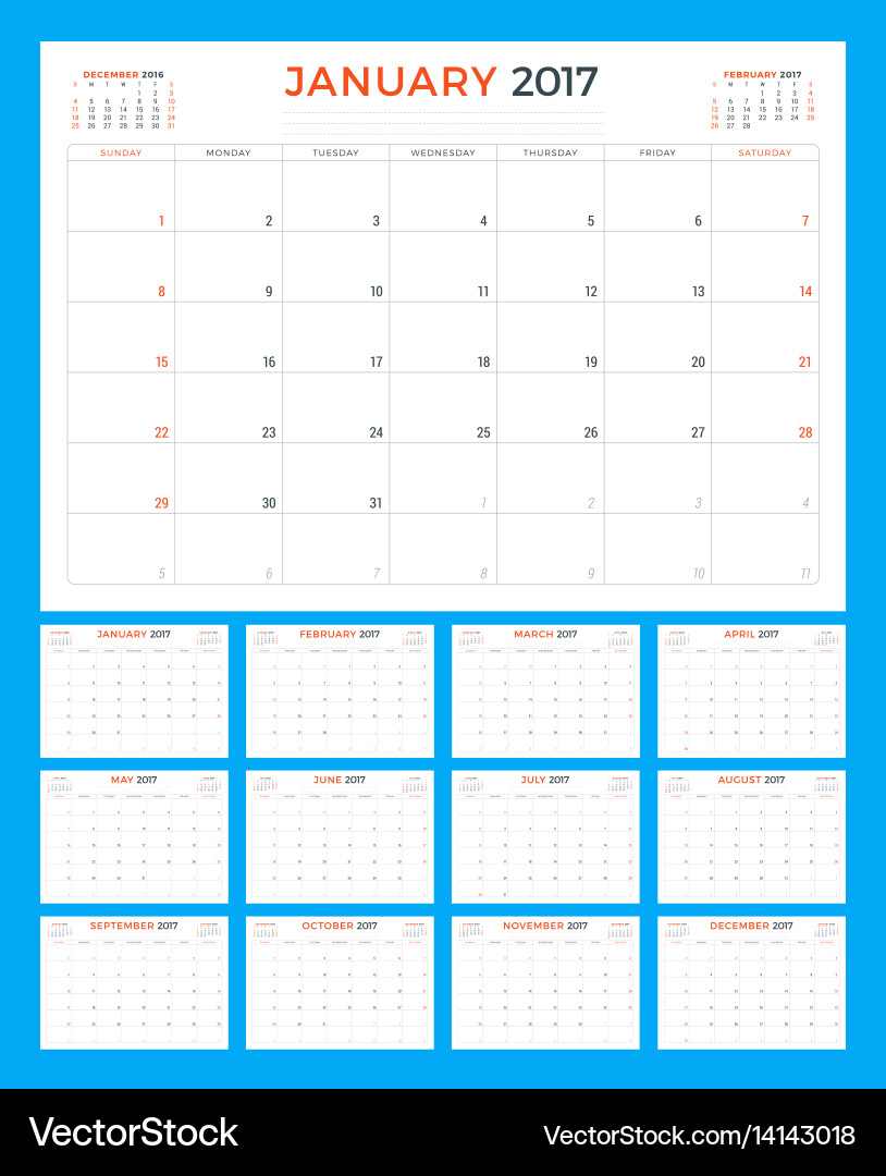 Calendar template for 2017 year week starts Vector Image