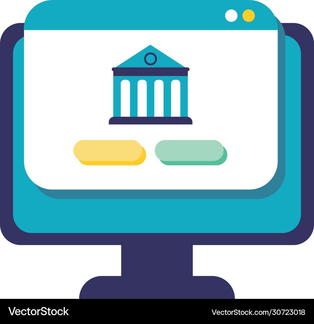 Desktop with bank building in webpage flat style Vector Image