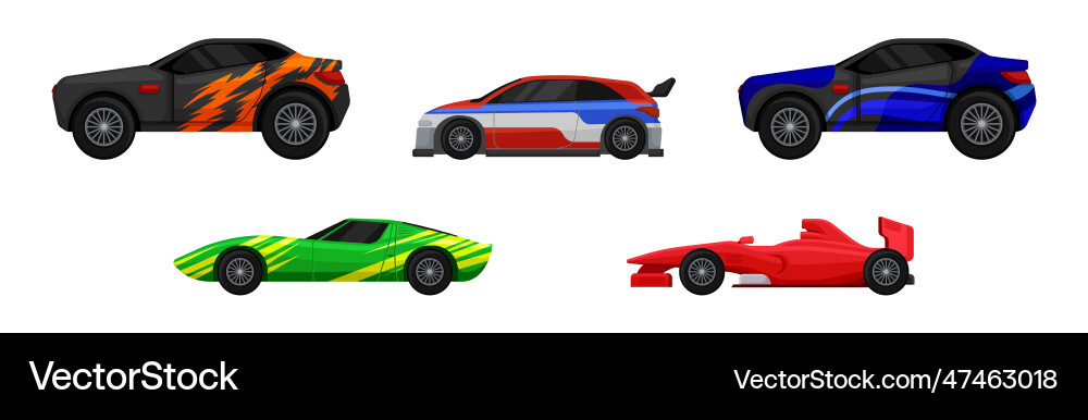 Different colorful sport racing car side view Vector Image